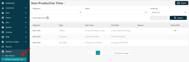 Joblogic – ‘Non-productive Time’ page