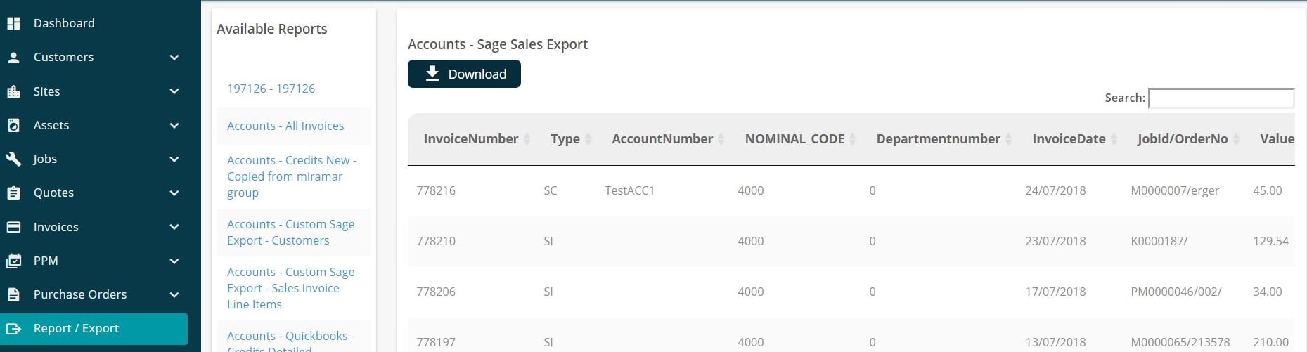 Joblogic Web – ‘Report/Export’ screen